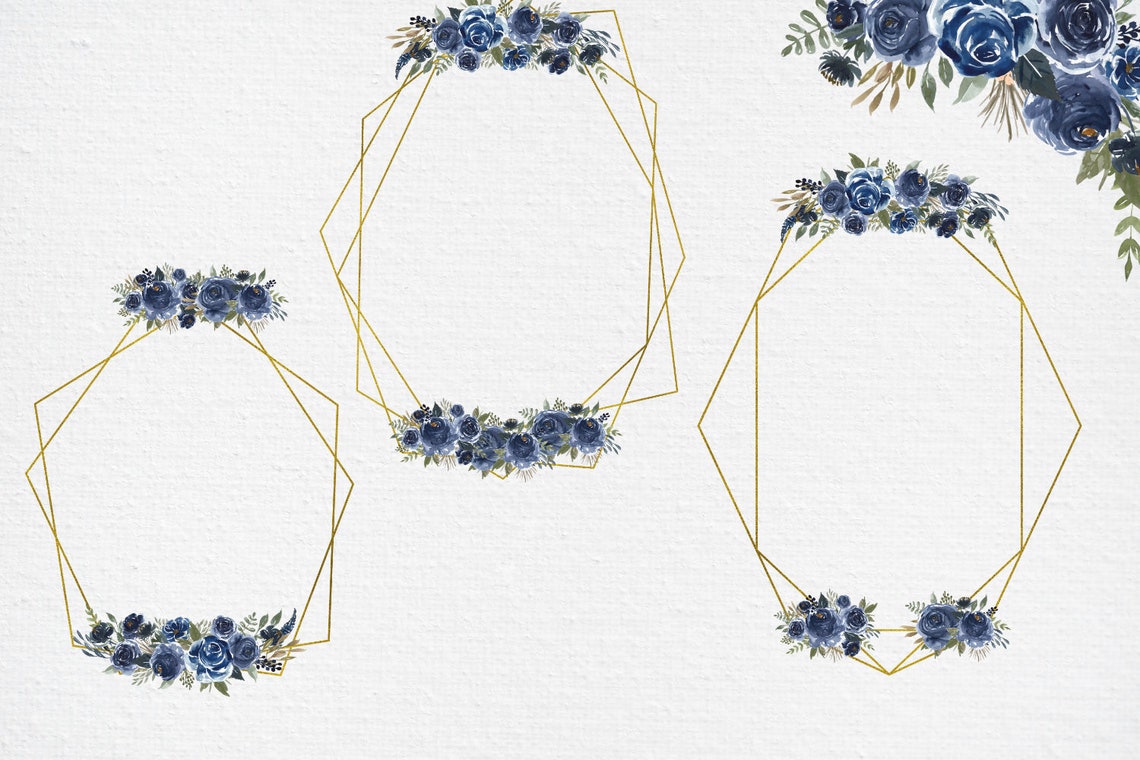 Navy Blue Watercolor Flowers Frames Geometric Gold Frames - Etsy