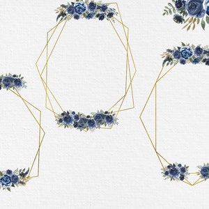 Navy Blue Watercolor Flowers Frames, Geometric Gold Frames, Blue Gold ...
