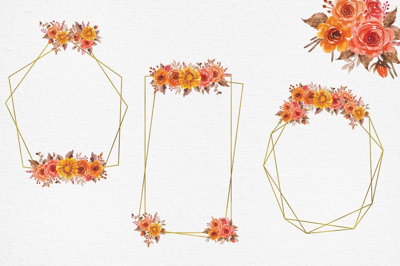 Fall Flowers Watercolor Frames, Geometric Gold Frames, Yellow Gold ...