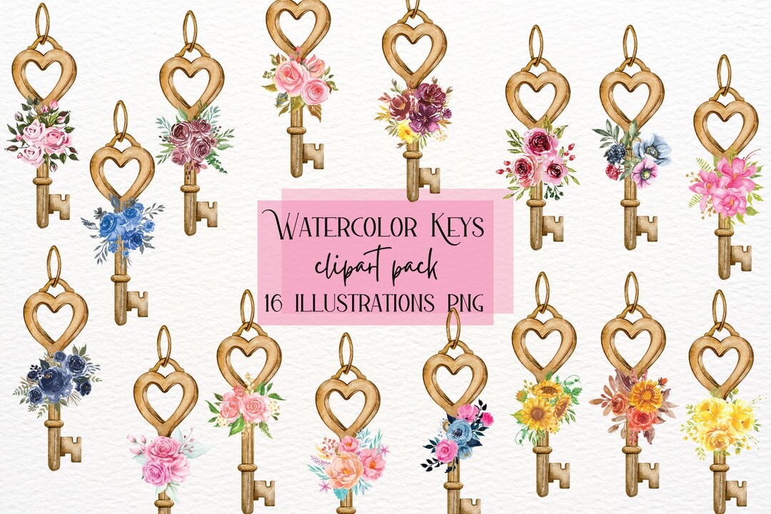 Watercolor Vintage Keys, Floral Keys, Digital Stickers, Junk Journal ...
