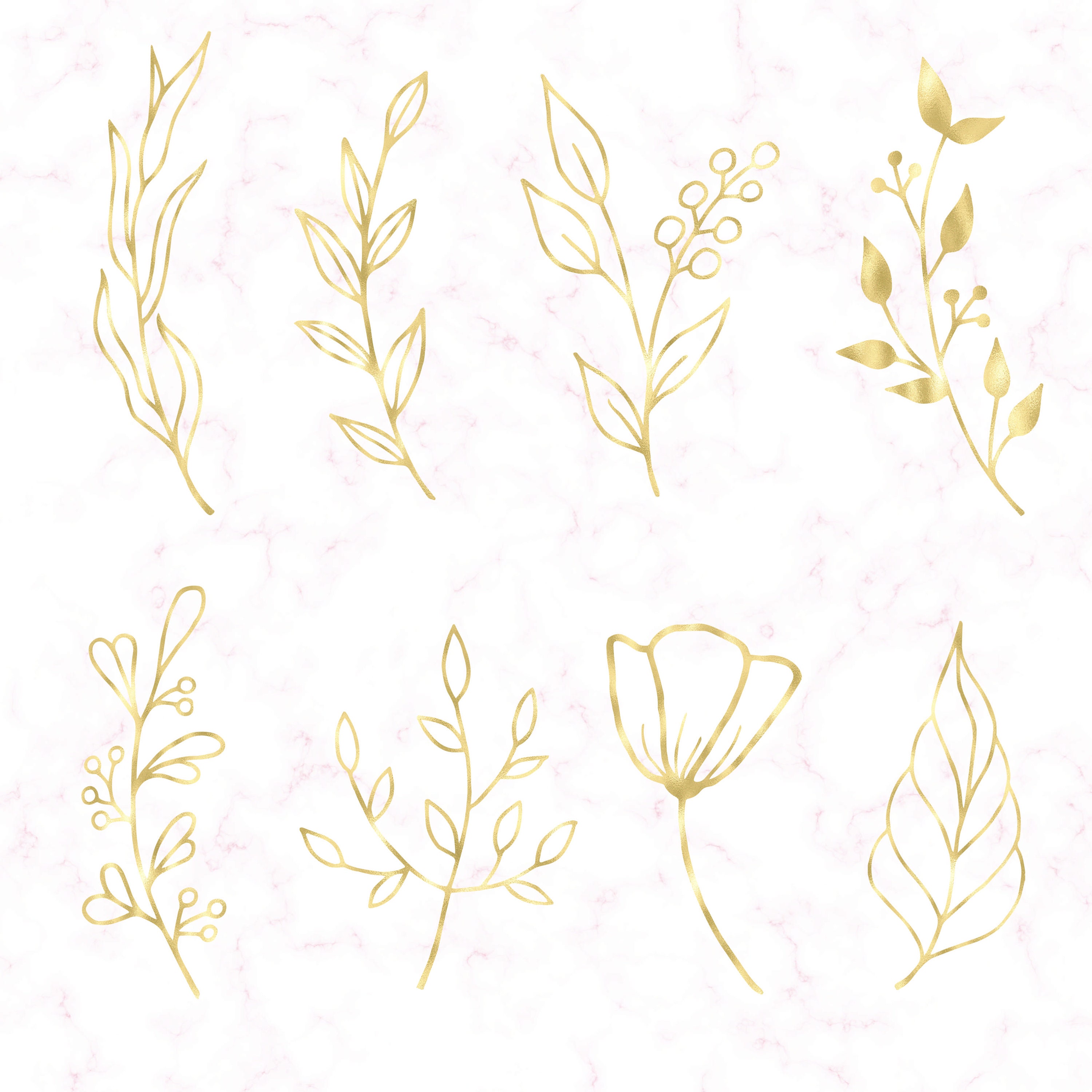 42 Gold Floral Clip Arts, Gold Flower Elements, Hand Drawn Floral ...