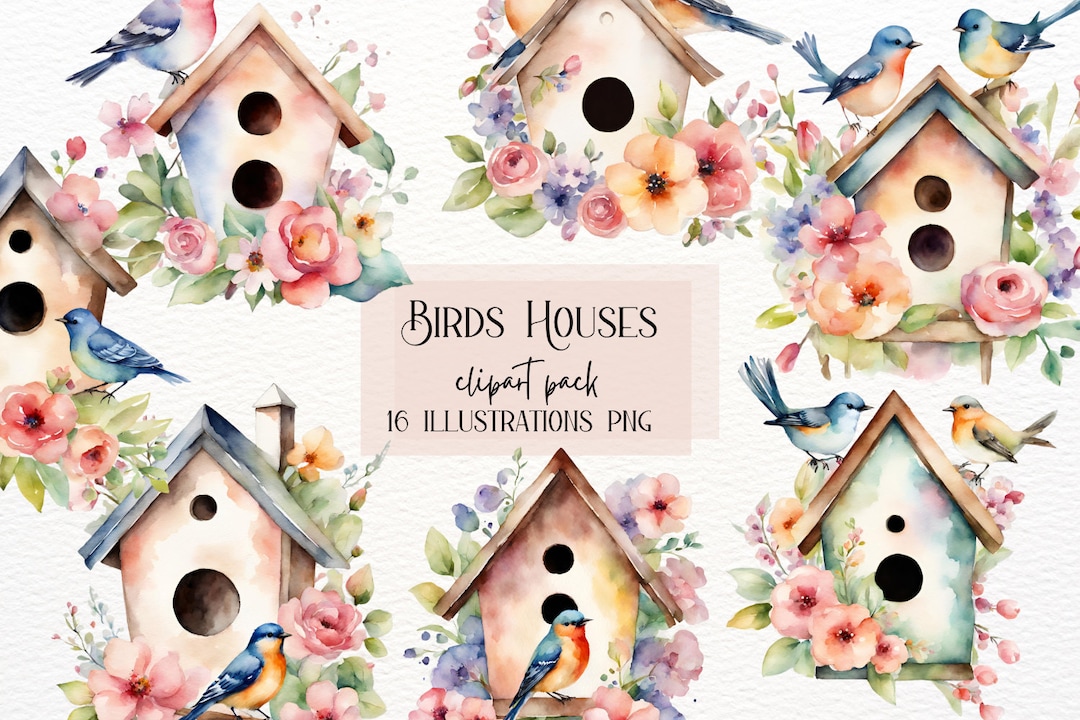 Watercolor Spring Birdhouses With Flowers and Birds, Romantic Birdhouse ...