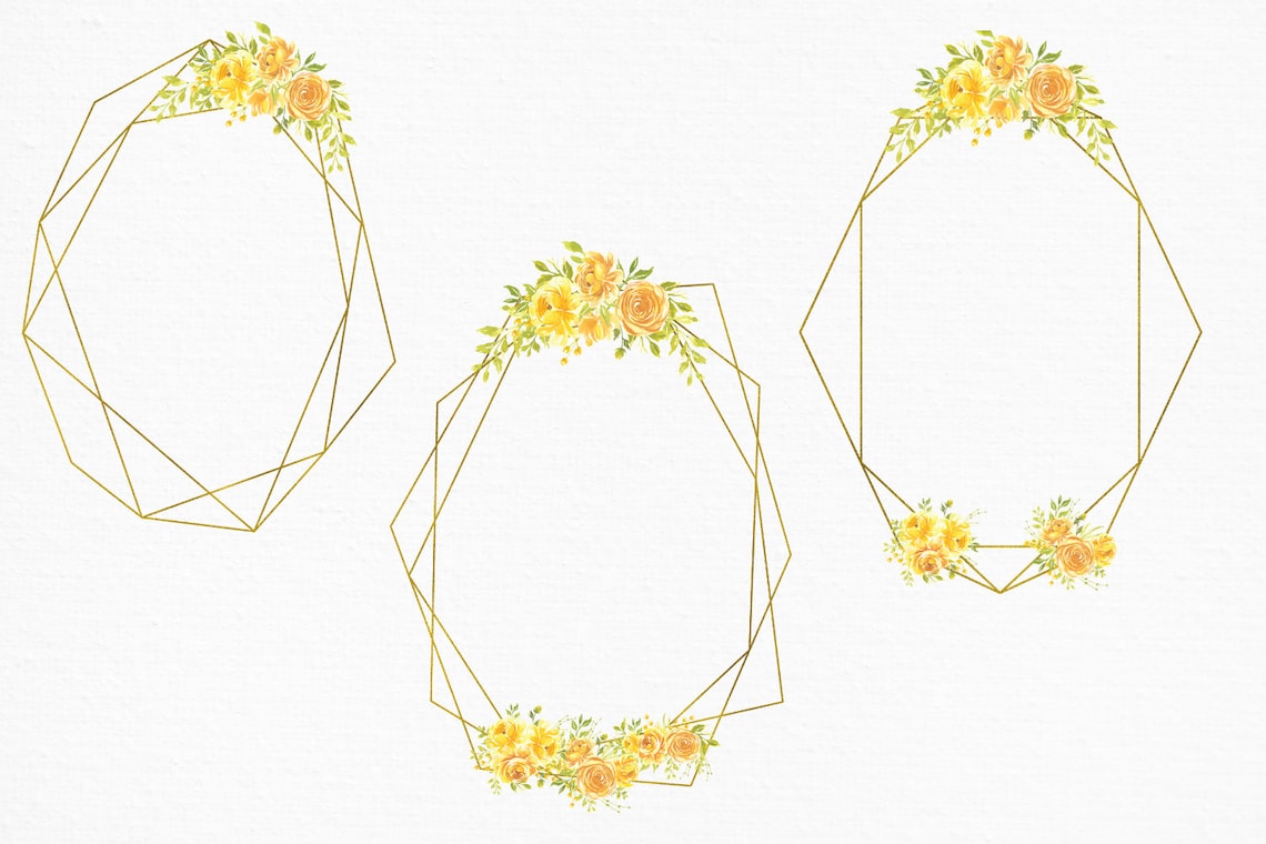 Yellow Watercolor Flowers Frames Geometric Gold Frames - Etsy