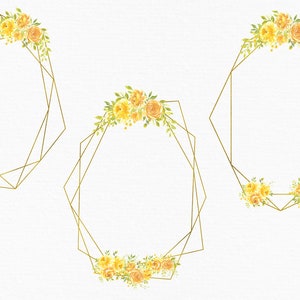Yellow Watercolor Flowers Frames, Geometric Gold Frames, Yellow Gold ...