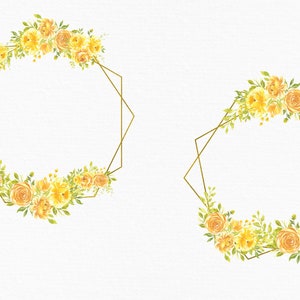 Yellow Watercolor Flowers Frames, Geometric Gold Frames, Yellow Gold ...