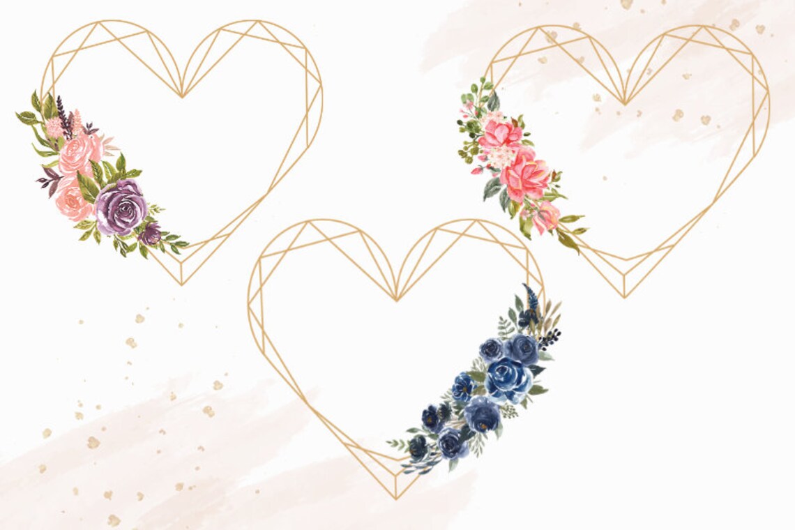Heart Shaped Watercolor Flowers Frames, Geometric Gold Frames - Etsy UK