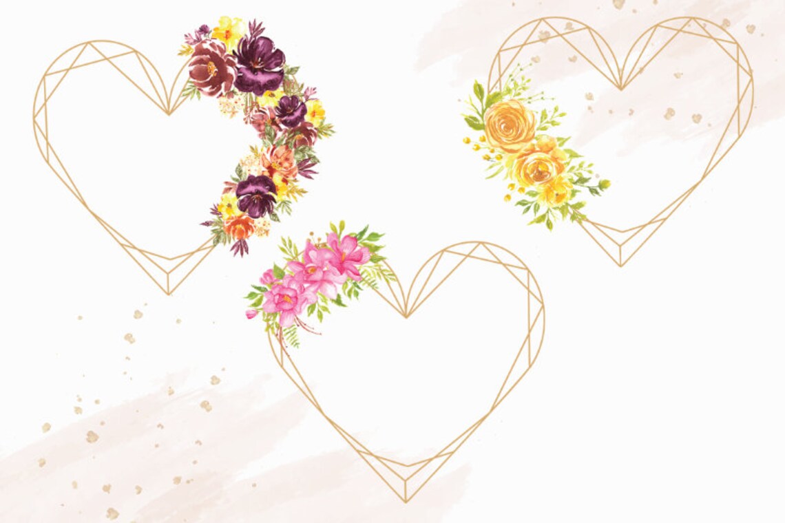Heart Shaped Watercolor Flowers Frames, Geometric Gold Frames - Etsy UK