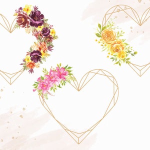 Heart Shaped Watercolor Flowers Frames, Geometric Gold Frames - Etsy