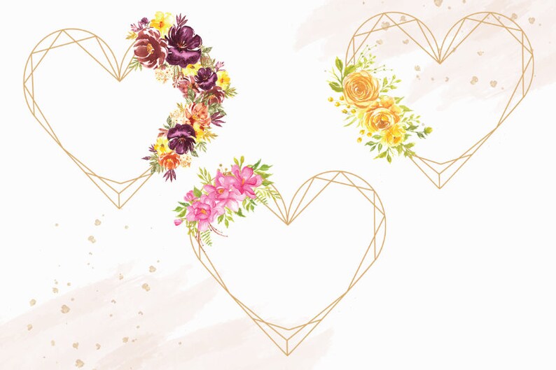 Heart Shaped Watercolor Flowers Frames, Geometric Gold Frames - Etsy