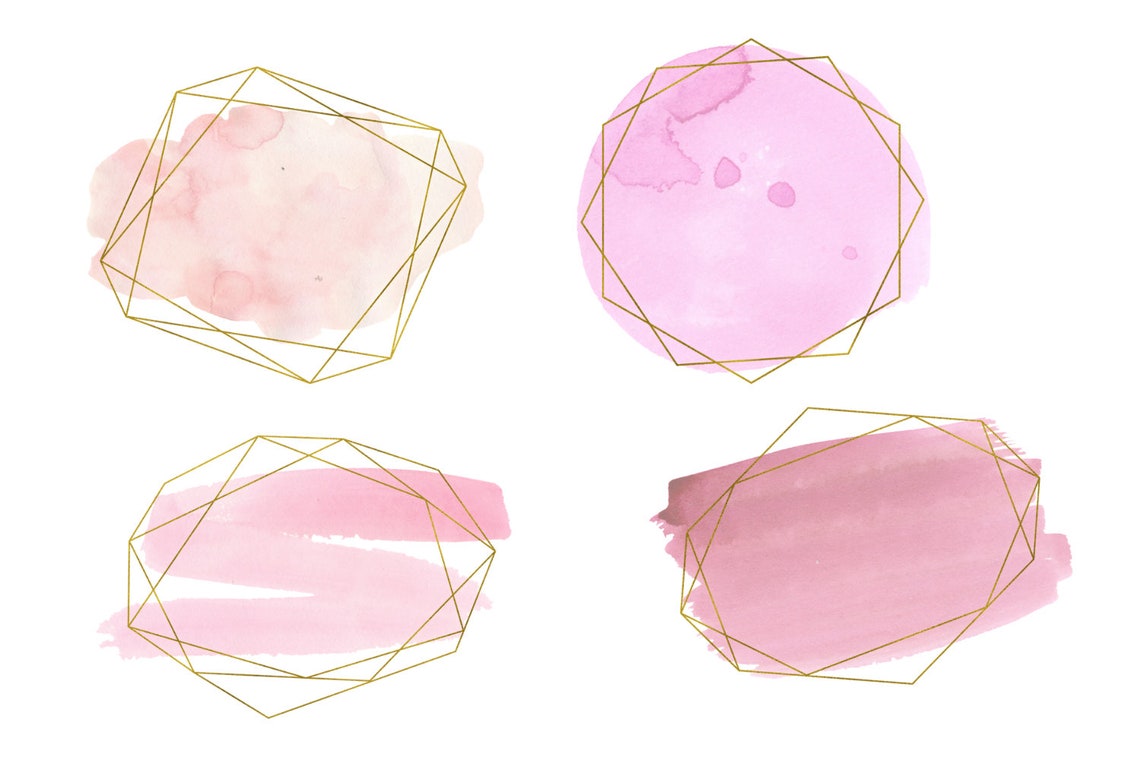 Pink and Gold Frames Clip Art, Watercolor Design Elements, Polygonal ...
