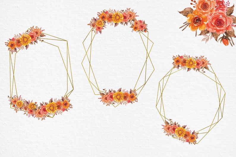 Fall Flowers Watercolor Frames Geometric Gold Frames Yellow - Etsy