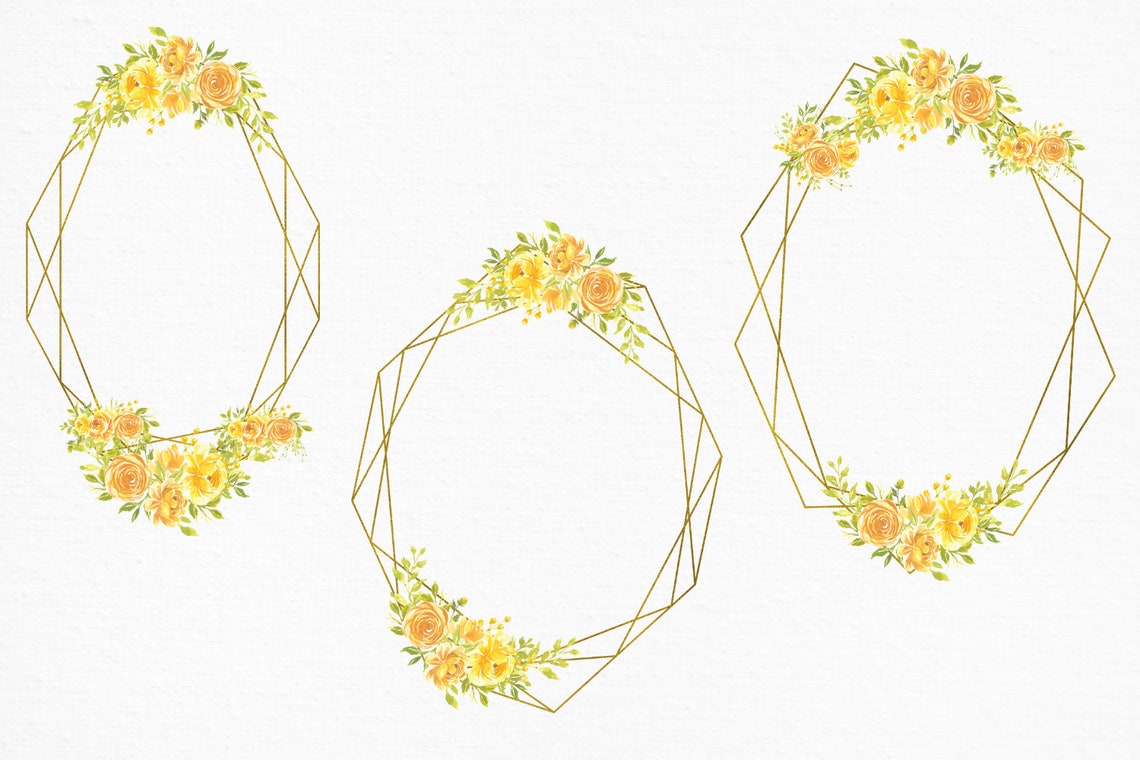 Yellow Watercolor Flowers Frames Geometric Gold Frames - Etsy