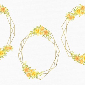 Yellow Watercolor Flowers Frames, Geometric Gold Frames, Yellow Gold ...