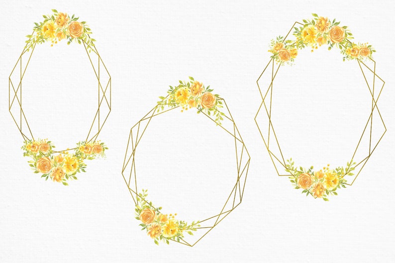 Yellow Watercolor Flowers Frames Geometric Gold Frames - Etsy
