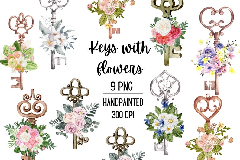 Watercolor Vintage Keys, Floral Key Art, Handpainted Key Illustration ...