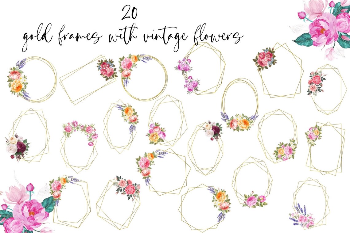 20 Geometric Frames Frames With Vintage Flowers Wedding | Etsy