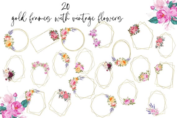 20 Geometric Frames Frames With Vintage Flowers Wedding | Etsy