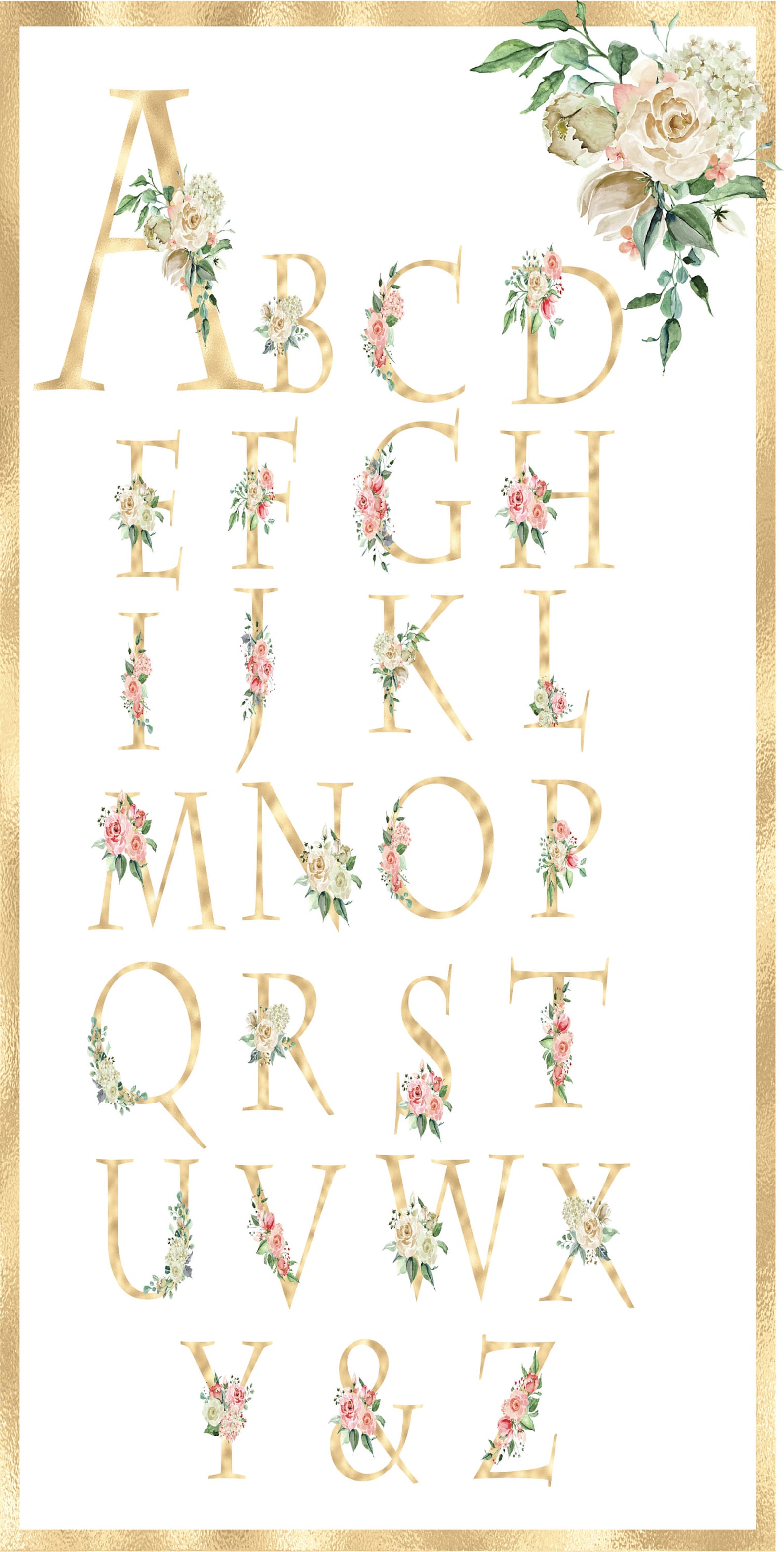 Gold Foil Alphabet With Flowers, Floral Alphabet, Rose Wedding Alphabet ...