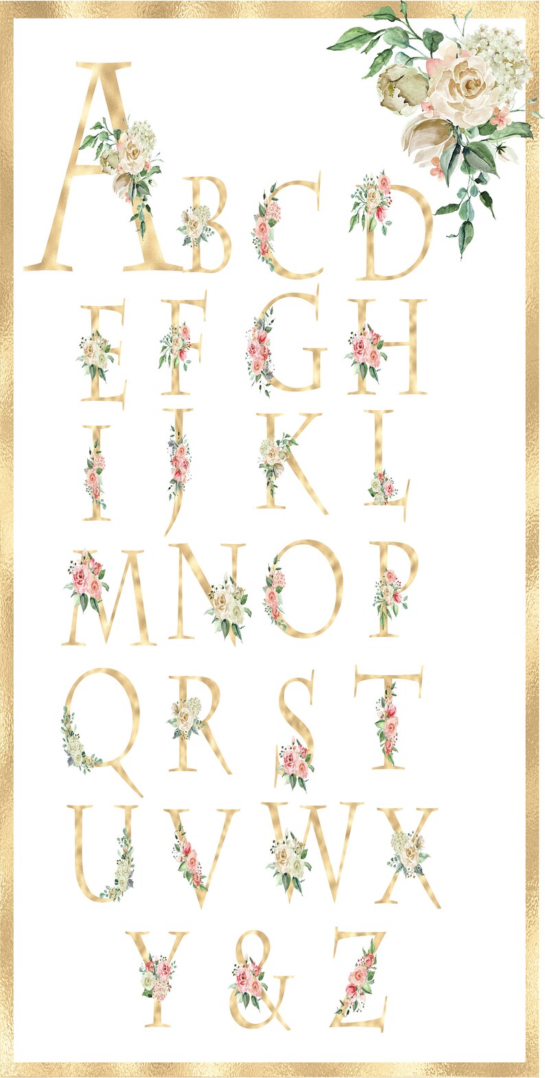 Gold Foil Alphabet With Flowers, Floral Alphabet, Rose Wedding Alphabet ...