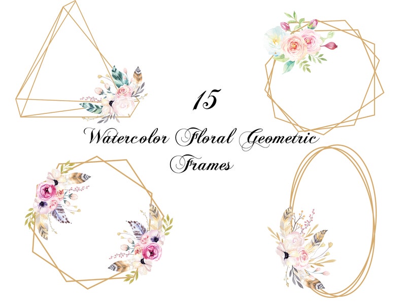Watercolor Floral Frames: Geometric Wedding Clipart (PNG) - Etsy