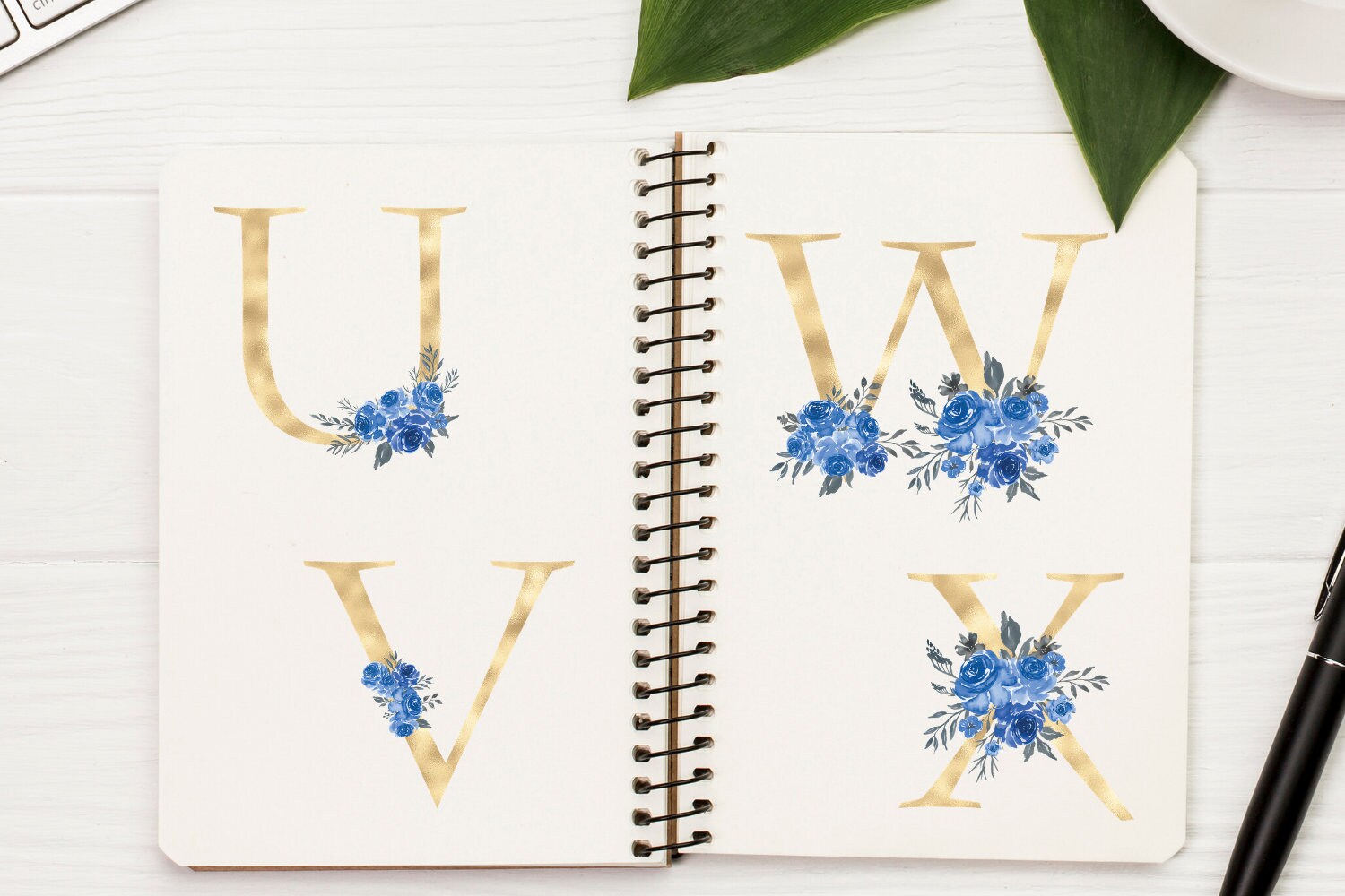 Blue Blush florals alphabet Gold foil alphabet with flowers | Etsy