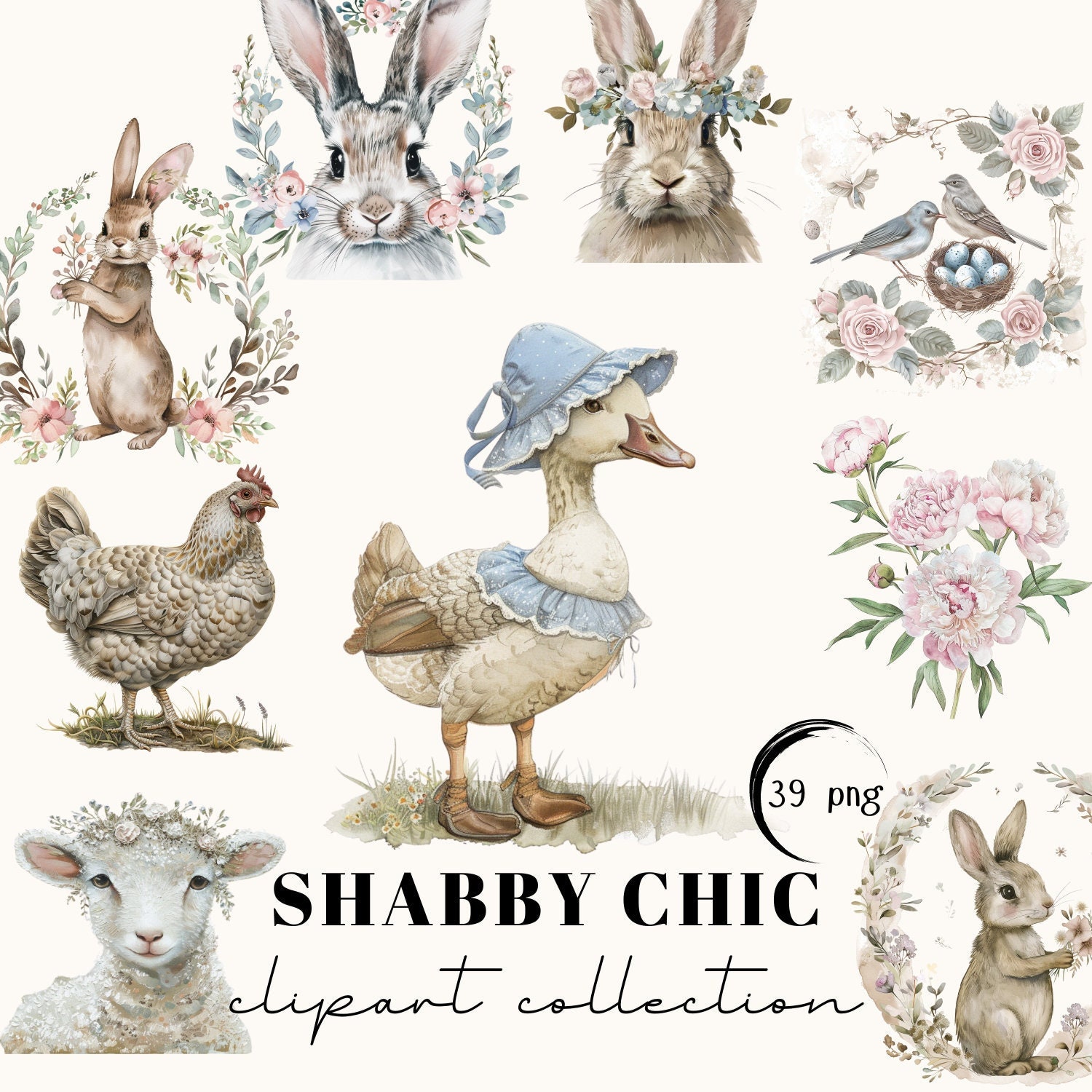 Shabby Shic Animals, Watercolor Clipart, Clipart Bundle, Boho Flowers ...