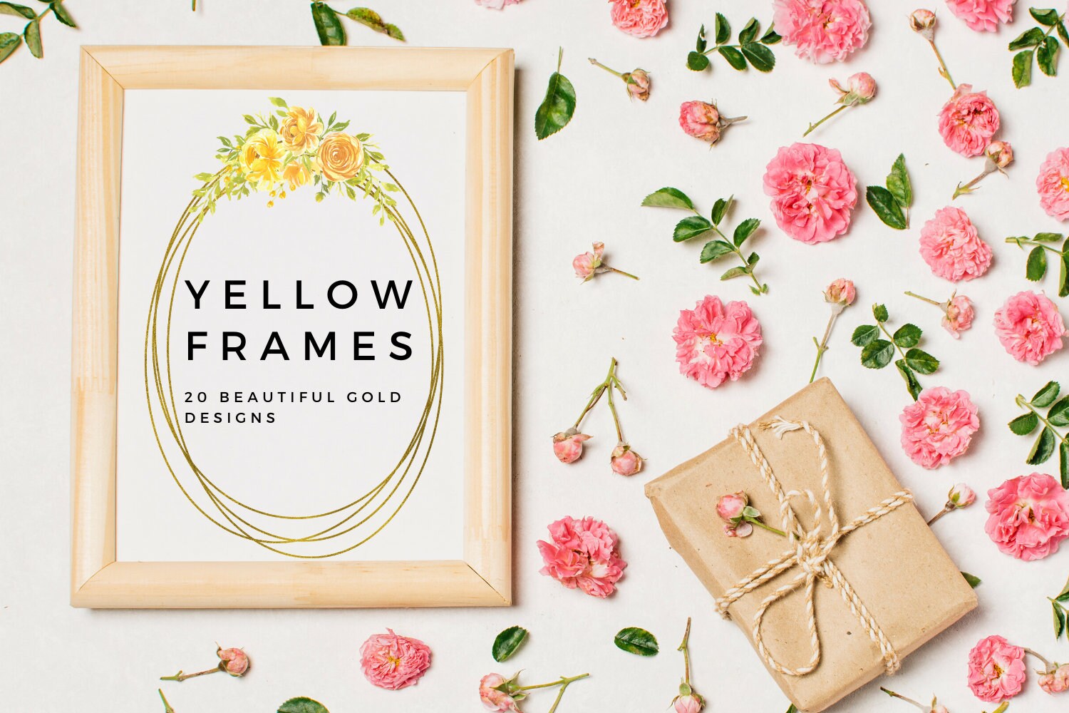 Yellow Watercolor Flowers Frames, Geometric Gold Frames, Yellow Gold ...