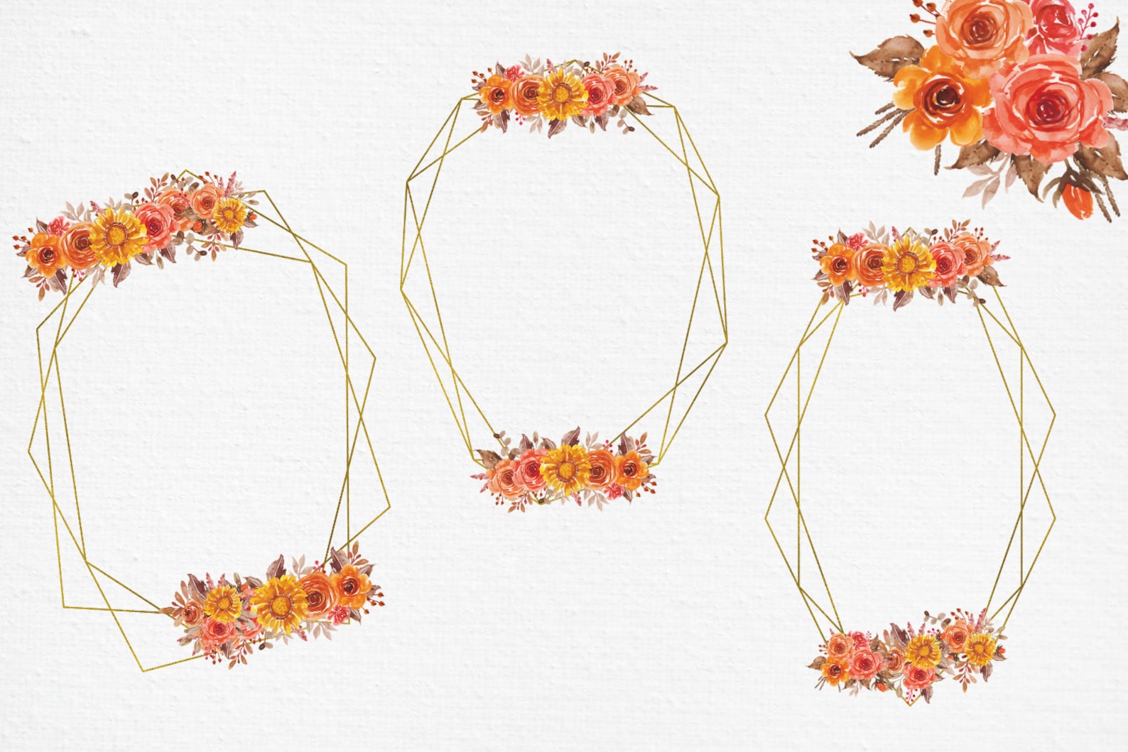 Fall Flowers Watercolor Frames, Geometric Gold Frames, Yellow Gold ...