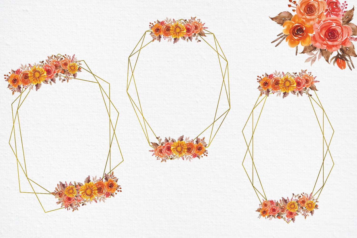 Fall Flowers Watercolor Frames, Geometric Gold Frames, Yellow Gold ...