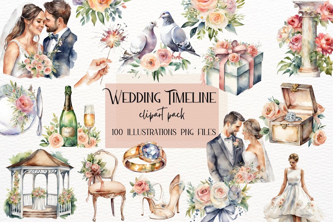 Wedding Timeline Watercolor Clipart, Watercolor Wedding Icons, Wedding ...