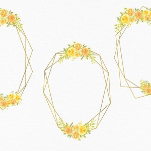 Yellow Watercolor Flowers Frames, Geometric Gold Frames, Yellow Gold ...