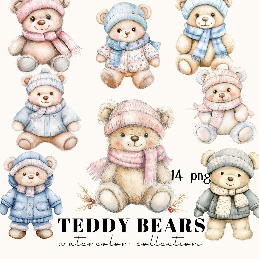 Watercolor Winter Teddy Bear Clipart, Nursery Wall Decor, Bear Baby ...