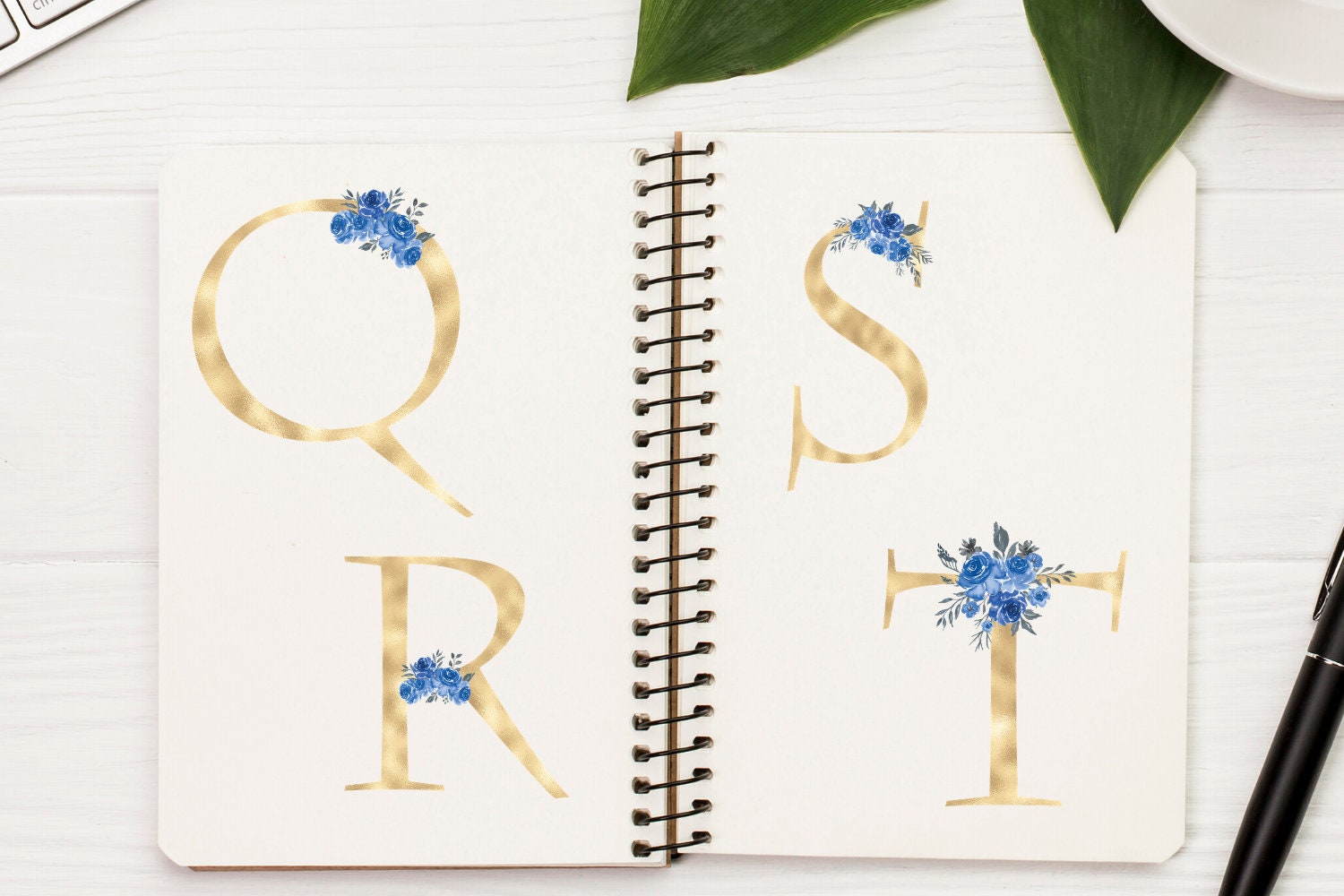 Blue Blush florals alphabet Gold foil alphabet with flowers | Etsy