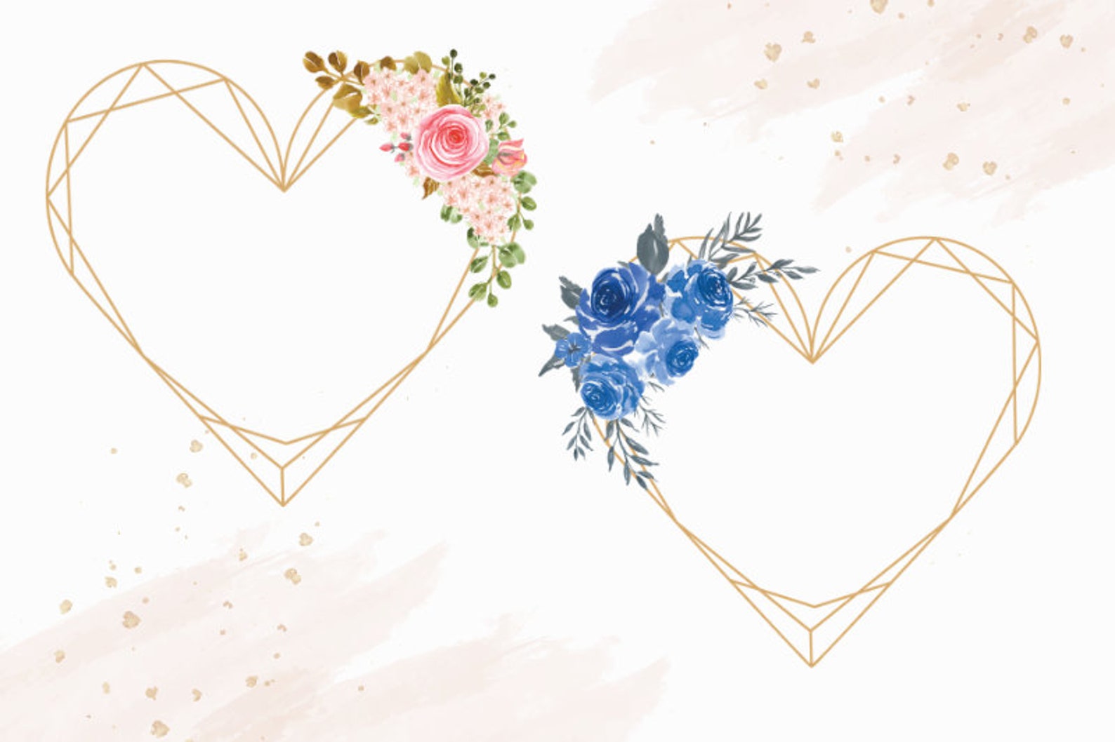 Heart Shaped Watercolor Flowers Frames Geometric Gold Frames | Etsy