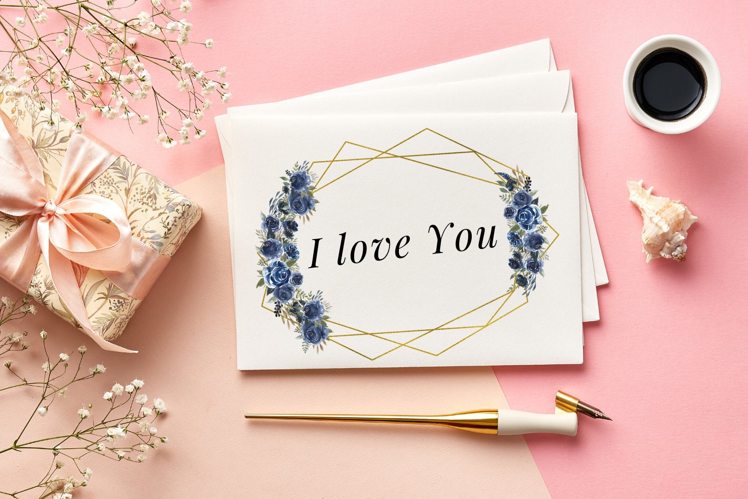 Navy Blue Watercolor Flowers Frames Geometric Gold Frames | Etsy