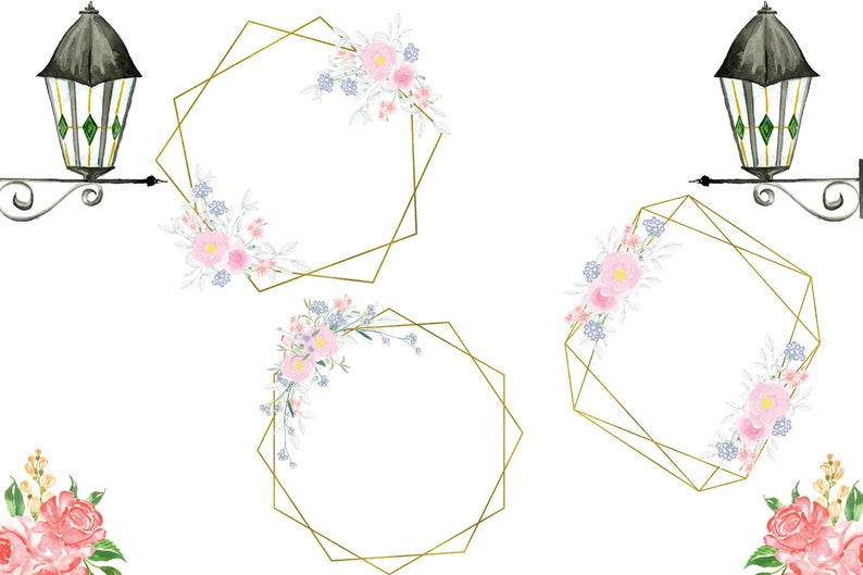 Pink Flowers & Romantic Geometric Frames, Frames With Delicate Flowers ...