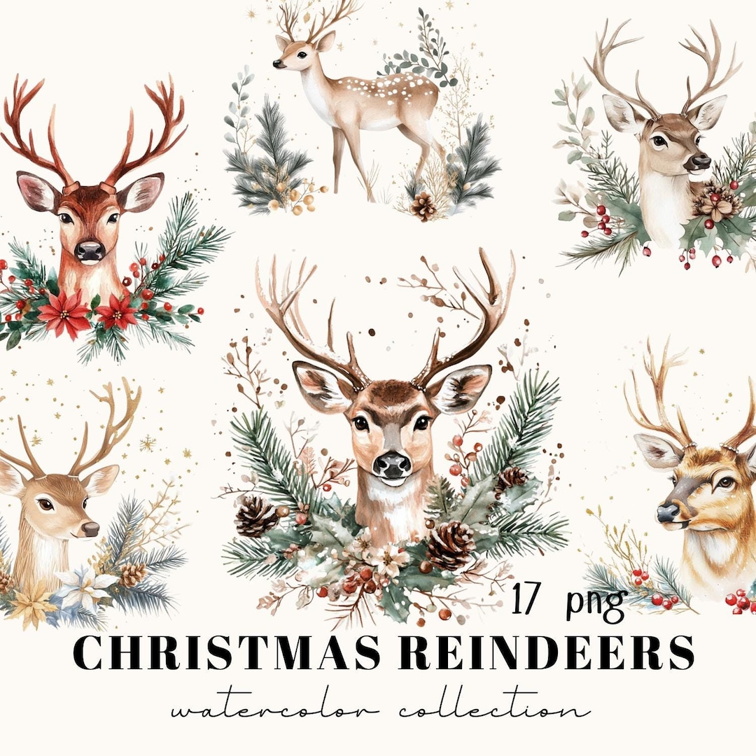 Christmas Reindeers Clipart, Watercolor Vintage Christmas, Junk Journal ...