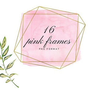 Pink and Gold Frames Clip Art, Watercolor Design Elements, Polygonal ...
