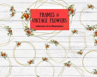 15 Geometric Frames With Flowers & Berrries Watercolor - Etsy