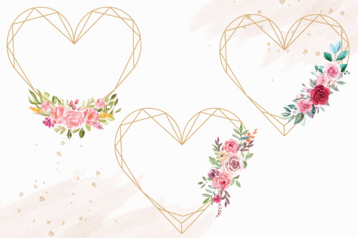 Heart Shaped Watercolor Flowers Frames Geometric Gold Frames | Etsy