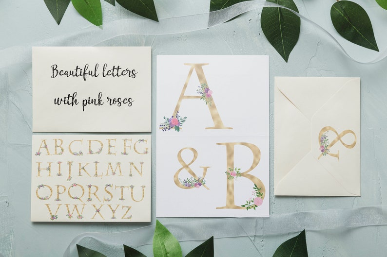 Delicate Roses Floral Printable Alphabet, Gold Foil Alphabet, Floral ...