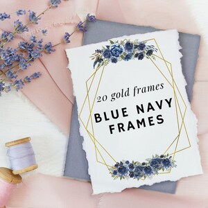 Navy Blue Watercolor Flowers Frames, Geometric Gold Frames, Blue Gold ...