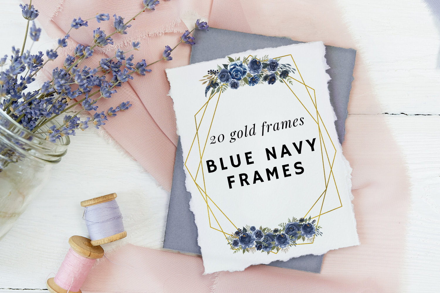 Navy Blue Watercolor Flowers Frames, Geometric Gold Frames, Blue Gold ...