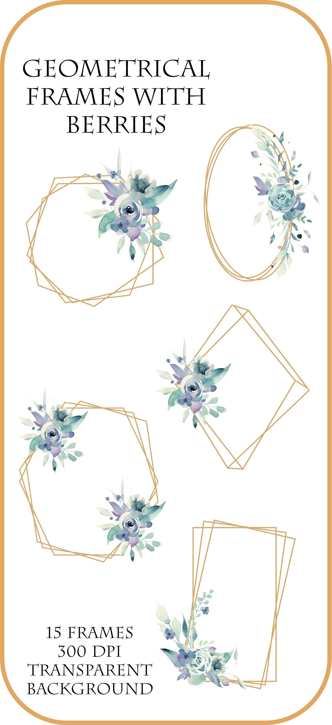 15 Geometric Frames with Flowers & Berrries Watercolor | Etsy