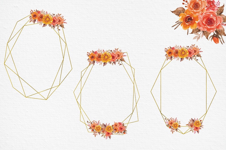 Fall Flowers Watercolor Frames, Geometric Gold Frames, Yellow Gold ...