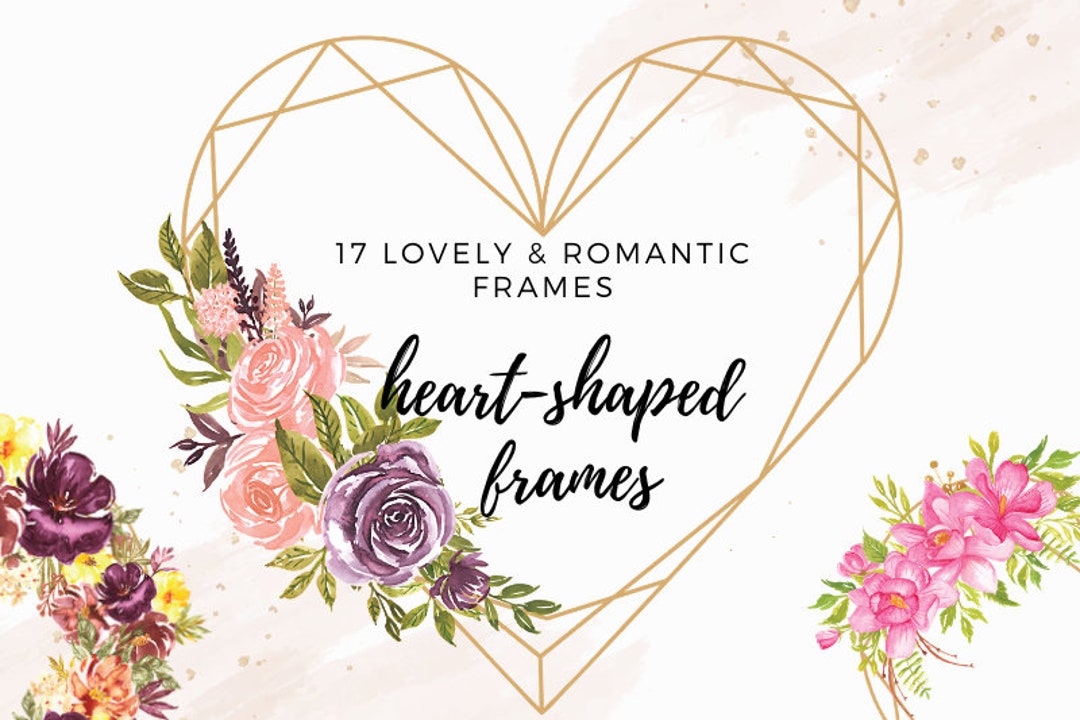 Heart Shaped Watercolor Flowers Frames, Geometric Gold Frames - Etsy