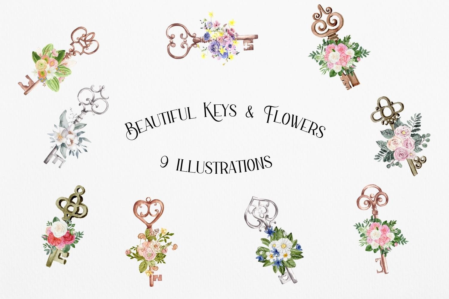 Watercolor Vintage Keys, Floral Key Art, Handpainted Key Illustration ...