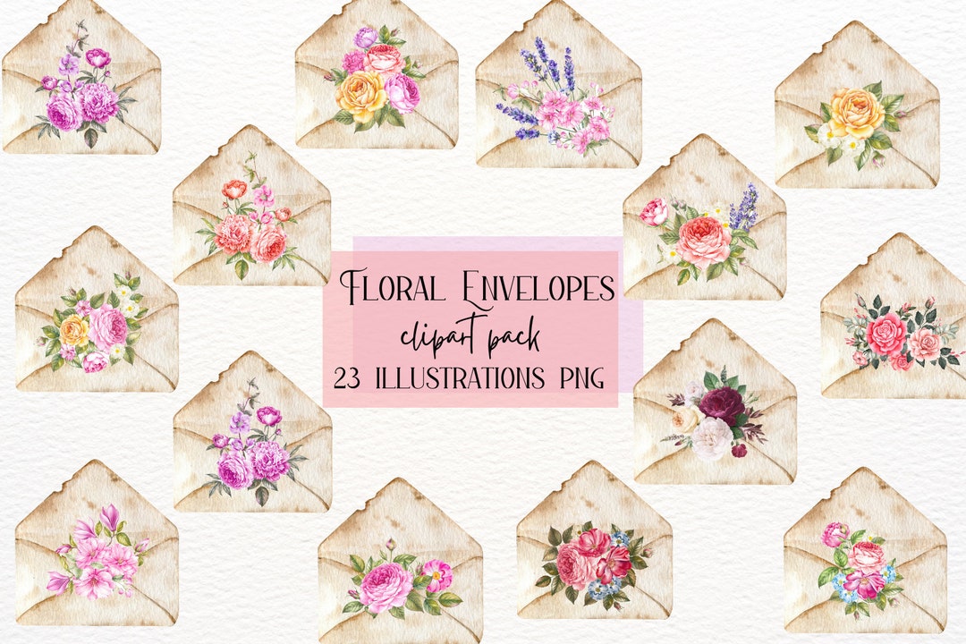 Vintage Floral Envelope Clipart, Shabby Chic, Printable Watercolor ...