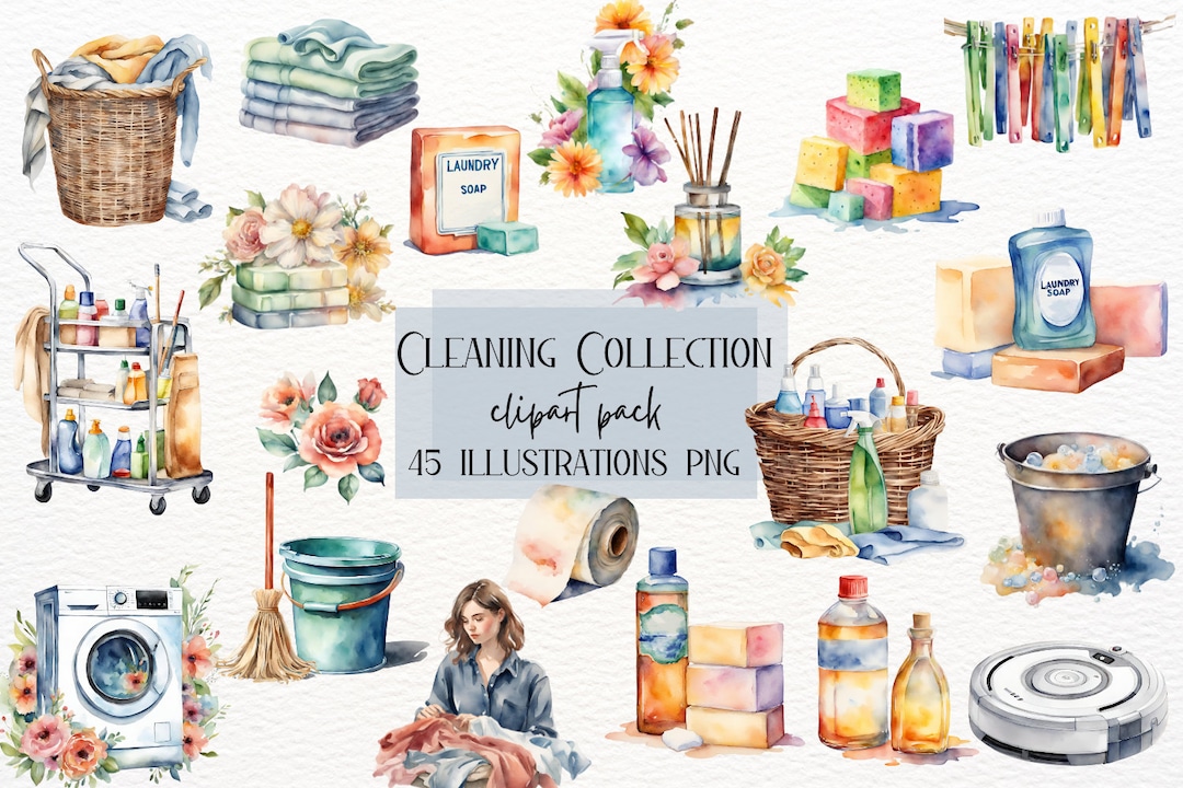 Watercolor Cleaning Clipart: 45 PNG Illustrations (digital Download) - Etsy