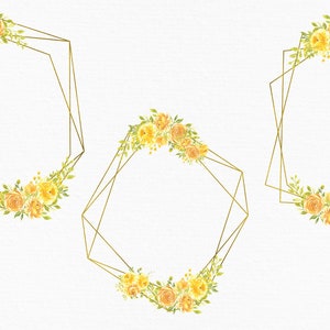 Yellow Watercolor Flowers Frames, Geometric Gold Frames, Yellow Gold ...